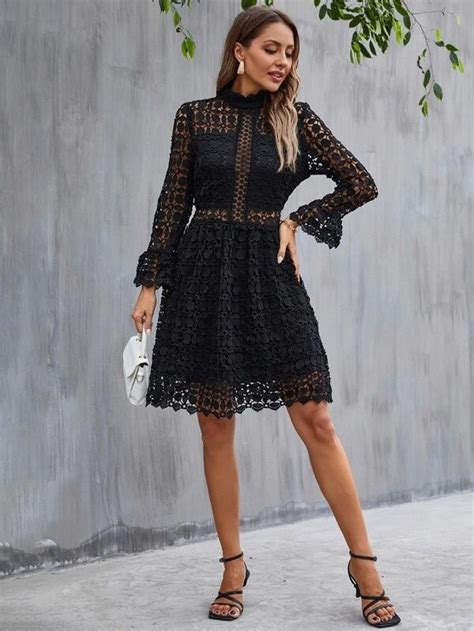 Eilly Bazar Mock Neck Lace Flounce Sleeve Mesh Insert Dress Black Dress Mesh Sleeves Event