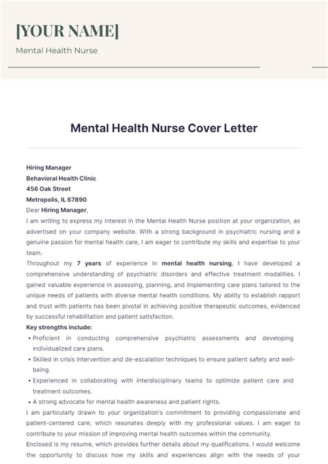 Free Mental Health Nurse Cover Letter Template To Edit Online