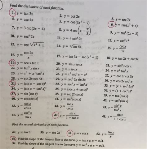 Solved Find The Derivative Of Each Function 1y Tan 3x 4