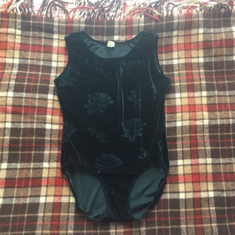 Green Velvet Leotardbodysuit With Rose Design Gem