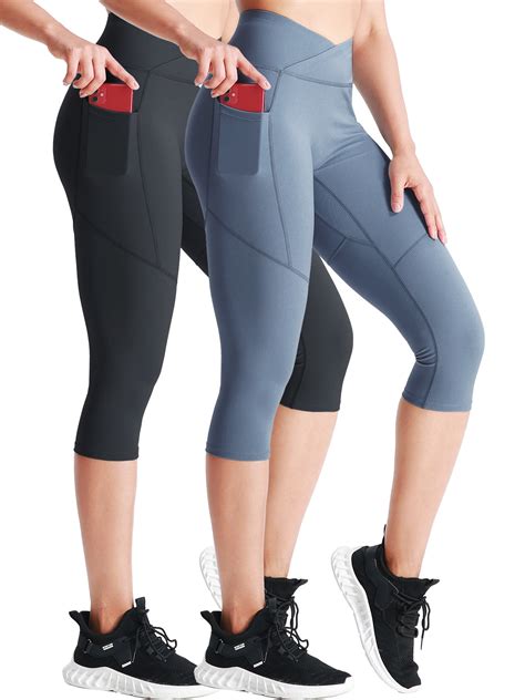 Neleus Womens V Cross Waist Capri Yoga Leggings For Workout Non See