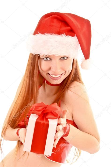 Beautiful Redhead Woman With Christmas Present In Hands Isolated Stock