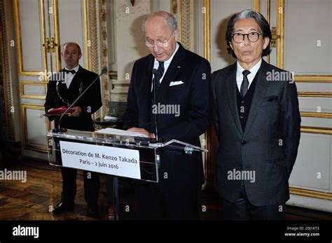 Laurent Fabius And Kenzo Takada Attending The Ceremony Awarding Kenzo