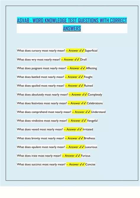 Asvab Word Knowledge Test Questions With Correct Answers Asvab Stuvia Us