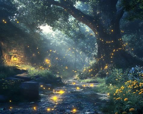 Magical Firefly Night Forest Stream Landscape Scene Art Dark Blue Path Calm Dark Stock