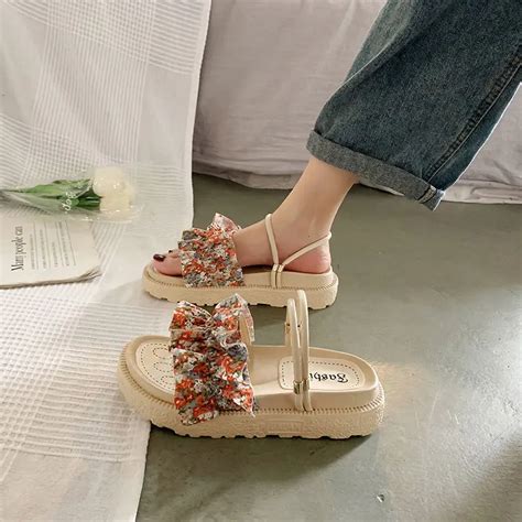 여성 요정 스타일 비치 샌들 꽃 프린트 플랫폼 여성 비치 슬리퍼 패션 여성 플립 플롭 크기 35 40 2022 여름 신상 Aliexpress