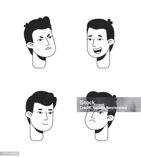 감정을 표현하는 남자 모노크롬 플랫 선형 캐릭터 머리 세트 2차 도형에 대한 스톡 벡터 아트 및 기타 이미지 2차 도형