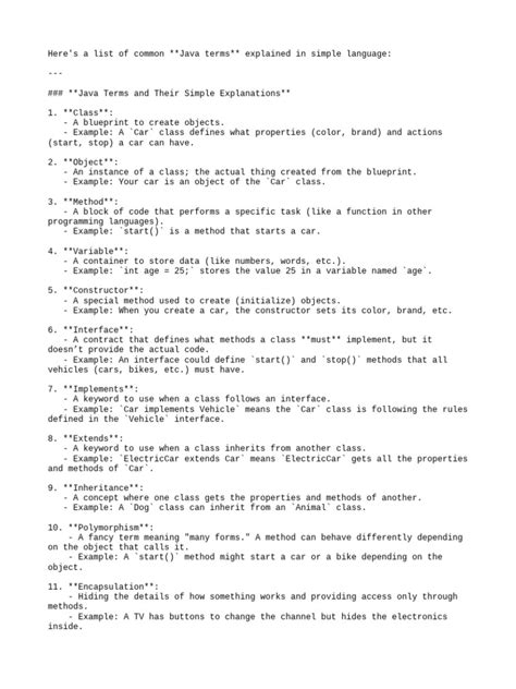 Java Terms And Their Simple Explanations Pdf Class Computer