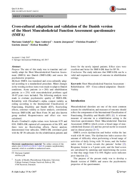 Pdf Cross Cultural Adaptation And Validation Of The Danish Version Of The Short