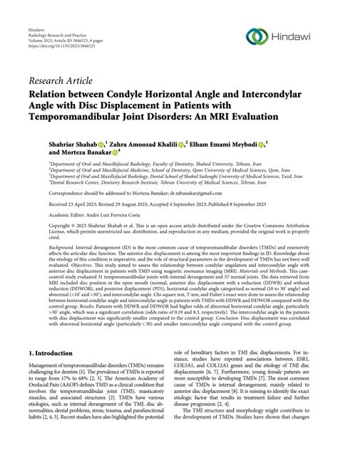 Pdf Relation Between Condyle Horizontal Angle And Intercondylar Angle With Disc Displacement