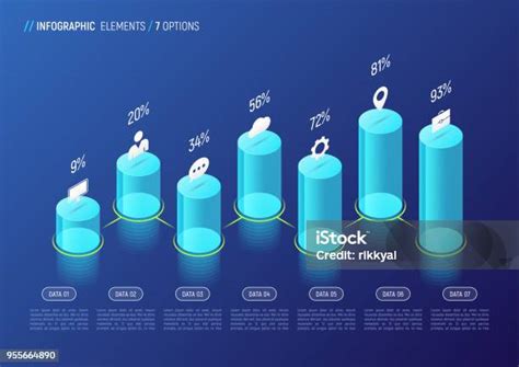 현대 아이소메트릭 Infographic 디자인 차트 서식 파일 그라데이션 배경 3d 원통형 요소와 개념 7 옵션 단계