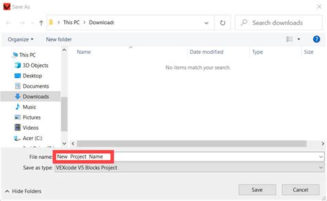saving a vexcode v5 blocks project on windows vex library