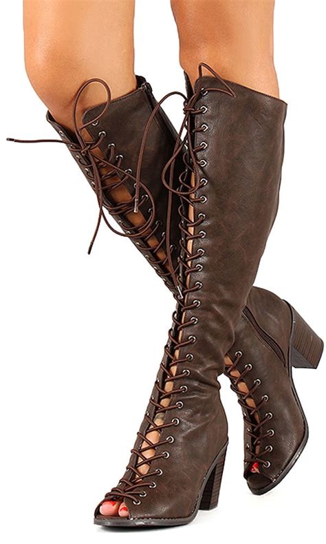 Breckelles Leatherette Women Peep Toe Lace Up Chunky Heel Knee High