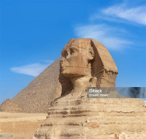이집트 카이로 근처 기자의 위대한 스핑크스 그것은 사람의 머리와 사자의 몸과 신화 생물이다 스핑크스의 얼굴은 파라오 카프레를 나타내는 것처럼 보입니다 0명에 대한 스톡 사진