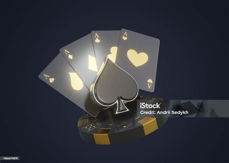 어두운 배경에 고립 된 황금 금속 카드 아이콘 스페이드 기호 플레이 카드 기호 포커 칩 주사위 및 에이스를 재생합니다 카지노 게임 도박 개념 3d 렌더링 3d 일러스트레이션