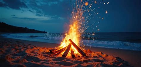 Campfire Burns On Beach At Night Flames Sparkle Sparks Fly Into