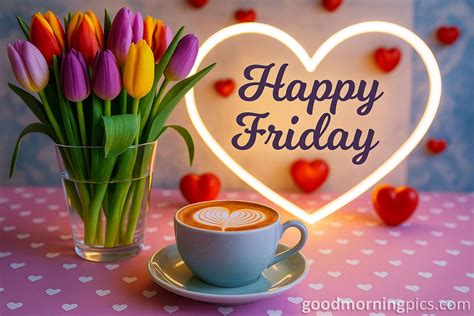 Happy Friday With Tulips And A Heart Coffee