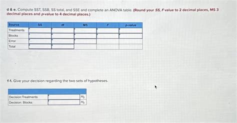 Solved D And E Compute Sst Ssb Ss Total And Sse And