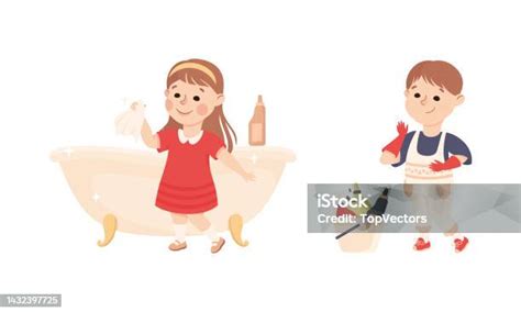 집안일을 하는 귀여운 애들 욕조를 청소하는 어린 소녀 세제를 사용하여 장갑을 입은 소년 만화 벡터 일러스트 레이 션 가사