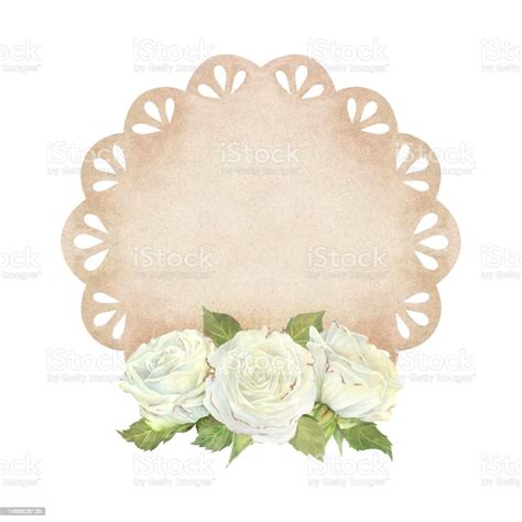 베이지 레이스는 흰 장미와 나뭇잎과 Doily 비문 또는 텍스트를위한 장소 수채화 그림입니다 흰색 배경에 격리되어 있습니다