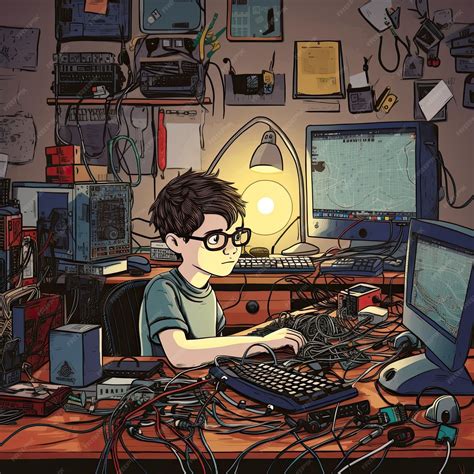 Illustration Of A Boy Working At A Computer In The Office Nerdy Boy Is