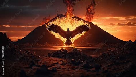 Phoenix Bird In The Fire Of A Volcano Eruption Rising From The Ashes