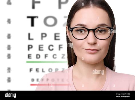 Vision Test Woman In Glasses And Eye Chart On White Background Stock