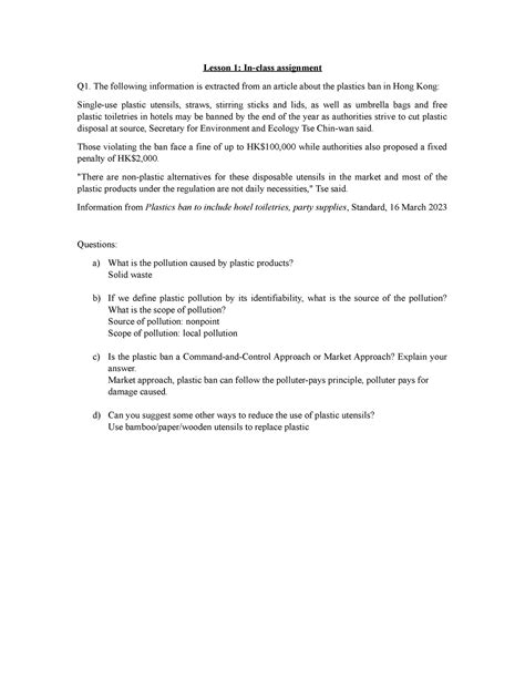 Week 1 In Class Assignment Lesson 1 In Class Assignment Q1 The