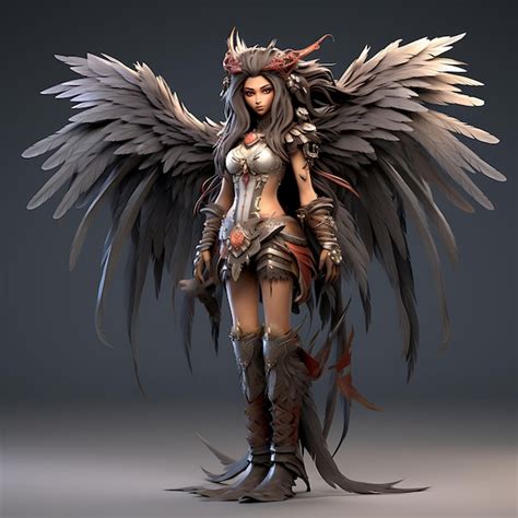 Premium Photo 3d Character Female Harpy Lean Feathered Holding A