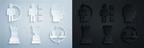 흐르는 모래와 오래 된 모래 시계 인간의 머리 퍼즐 전략 비즈니스 자원 비즈니스 정장 사용자 및 시간 관리 아이콘을 설정합니다