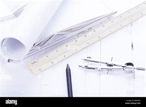 Architect Blueprints Equipment Objects Workplace Paper Office Stock
