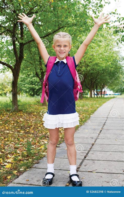 Schoolgirl Is On The Way To School The First Day At School Lea Stock