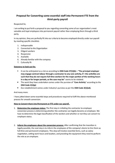Proposal For Fte Conversion Of Third Party Workers Proposal For Converting Some Essential