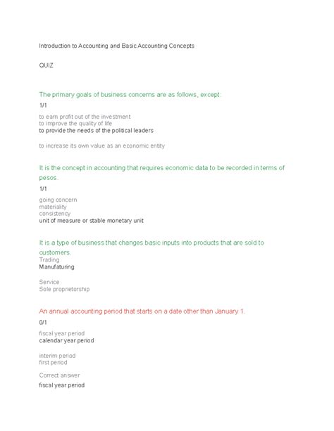 Quiz Introduction To Accounting And Basic Accounting Concepts Introduction To Accounting And