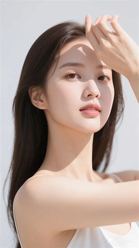 Jimeng 2025 04 28 54 阳光照射着一位美丽的韩国模特，优雅。模特做出遮阳动作，背景简约，干净美学，高品质护肤品广告风格。4k超高清，色彩鲜艳， 花瓣网