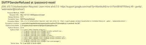 Python Authentication Error When Trying To Reset Password Django