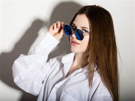 Naked Girl In A Man`s White Shirt With Sunglasses Stock Image Image