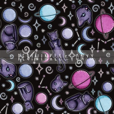 Celestial Cats Black Seamless Pattern Periwinkle And Onyx