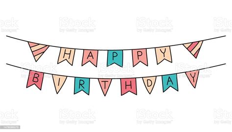 생일 축하 플래그입니다 Bday 파티 낙서 벡터 손으로 그린 아이 교수형 배너 축제 생일 화환의 낙서 개요 그림 갈란드 장식품에 대한 스톡 벡터 아트 및 기타 이미지