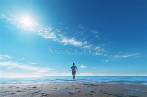 Man Runs Towards Sea Blue Sky Generate Ai Stock Illustration