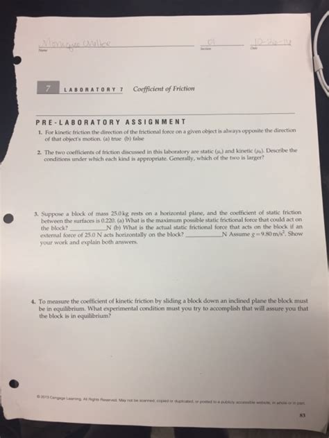 Solved Laboratory Pre Lab Coefficient Of Friction Chegg Com