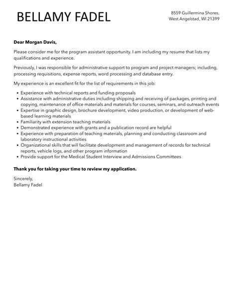 Program Assistant Cover Letter Velvet Jobs