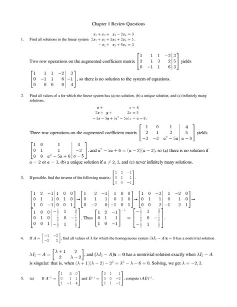 Chapter 1 Review Questions Introduction To Linear Algebra Ma 405 Assignments Linear