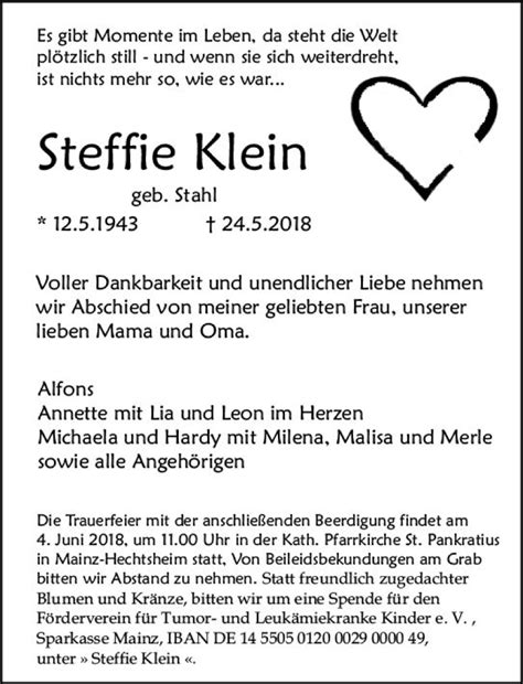 Traueranzeigen Von Steffie Klein Vrm Trauer De