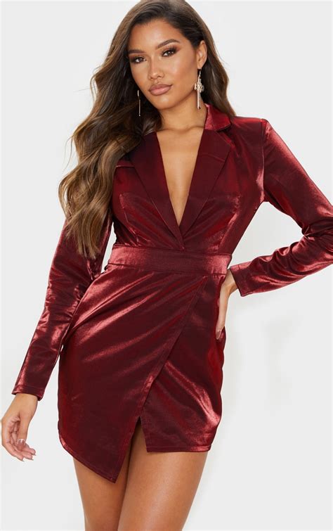 Red Metallic Shimmer Plunge Wrap Blazer Dress Prettylittlething