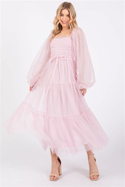 Pink Mesh Tiered Long Sleeve Maternity Maxi Dress Pinkblush
