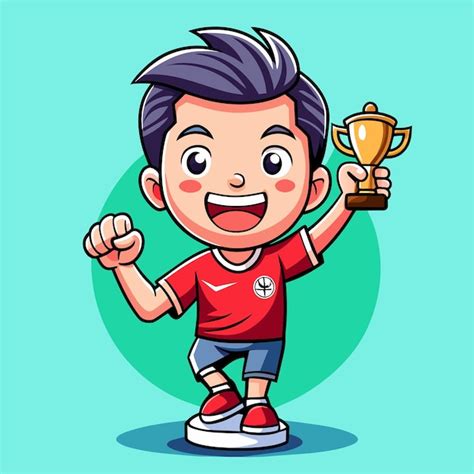Vector De Dibujos Animados Del Hombre Lindo Victorioso Con El Trofeo