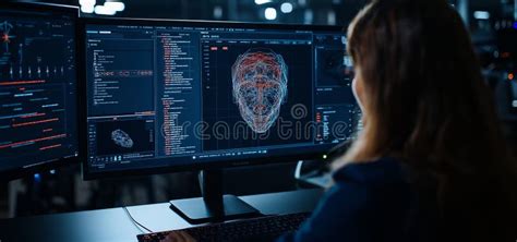 Female Designer Is Working On Computer Analyzing Digital Data And 3d