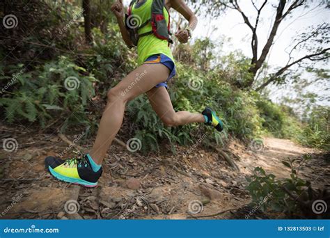 Woman Trail Runner Running On Tropical Forest Trai Stock Image Image