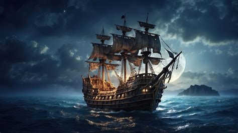Pirate Ship Night Ocean 4k 2160k Wallpaper 4k Pc